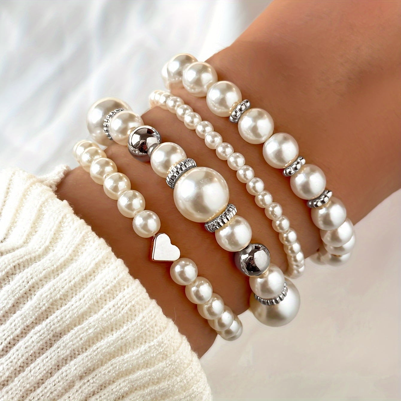 Set Of 4 Imitation Pearl CCB Beads Positioning Bracelet For Women ...