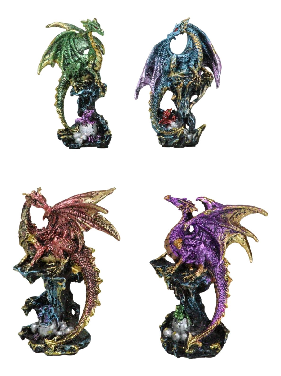 Set Of 4 Metallic Colorful Fantasy Dragons Perching On Rock Towers ...