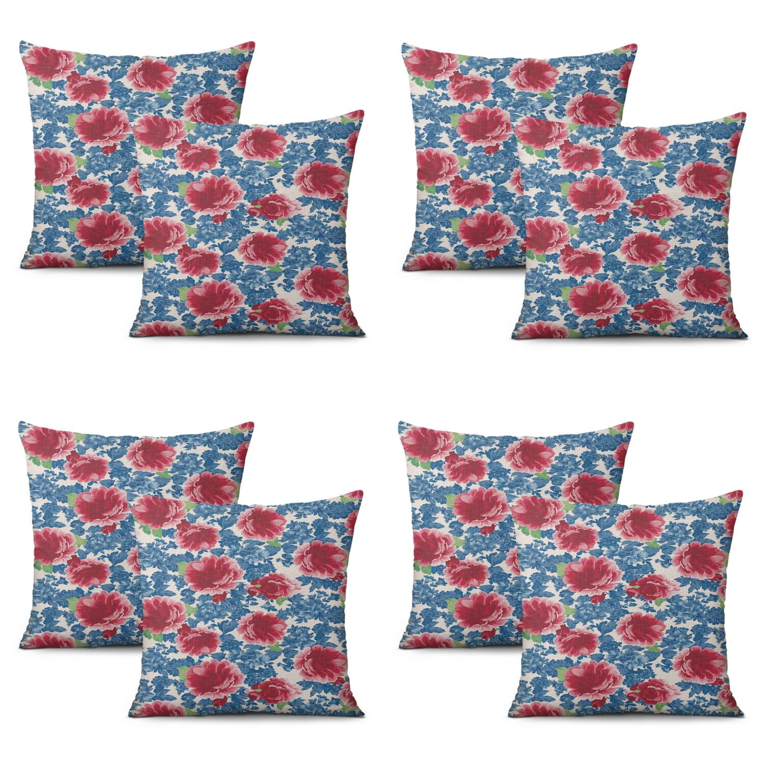 Set Of 4 Pioneer Pink Blue Rose Pillow Covers 18x18 Inch Linen ...