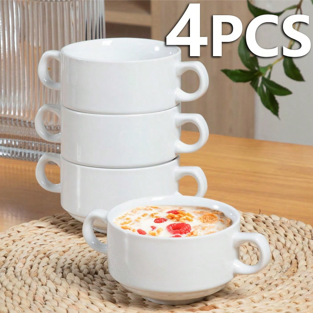 Set Of 4, Soup Bowls With Handles French, 12 Oz Stackable Ceramic Small ...