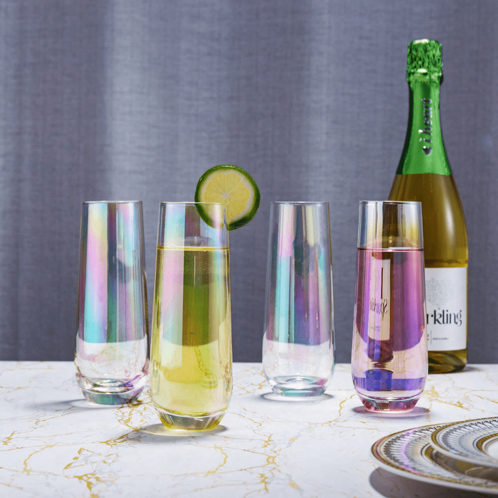 Set Of 4 Stemless Rainbow Iridescent Wine Glasses, 9 Oz Transparent ...