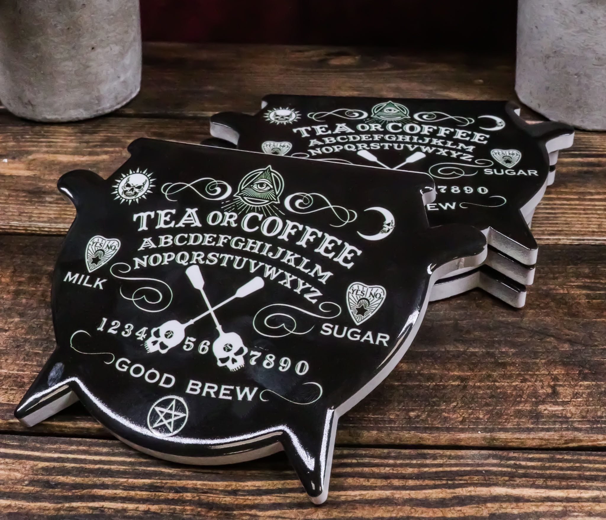 Set Of 4 Wicca Occult Ouija Spirit Board Cauldron Cork Backed Ceramic ...