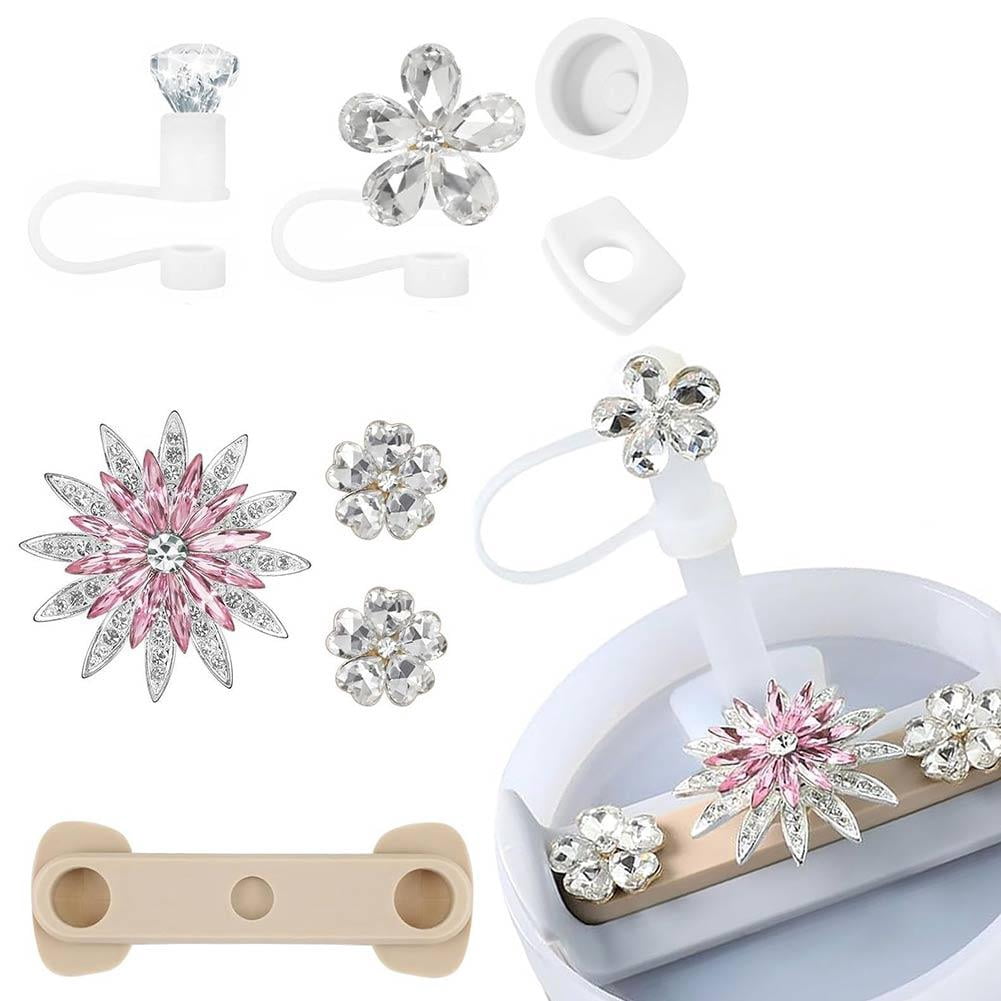 Set Of 48pcs Protective Cover Cup Cover Diamond Straw Cap Shiny Flower ...