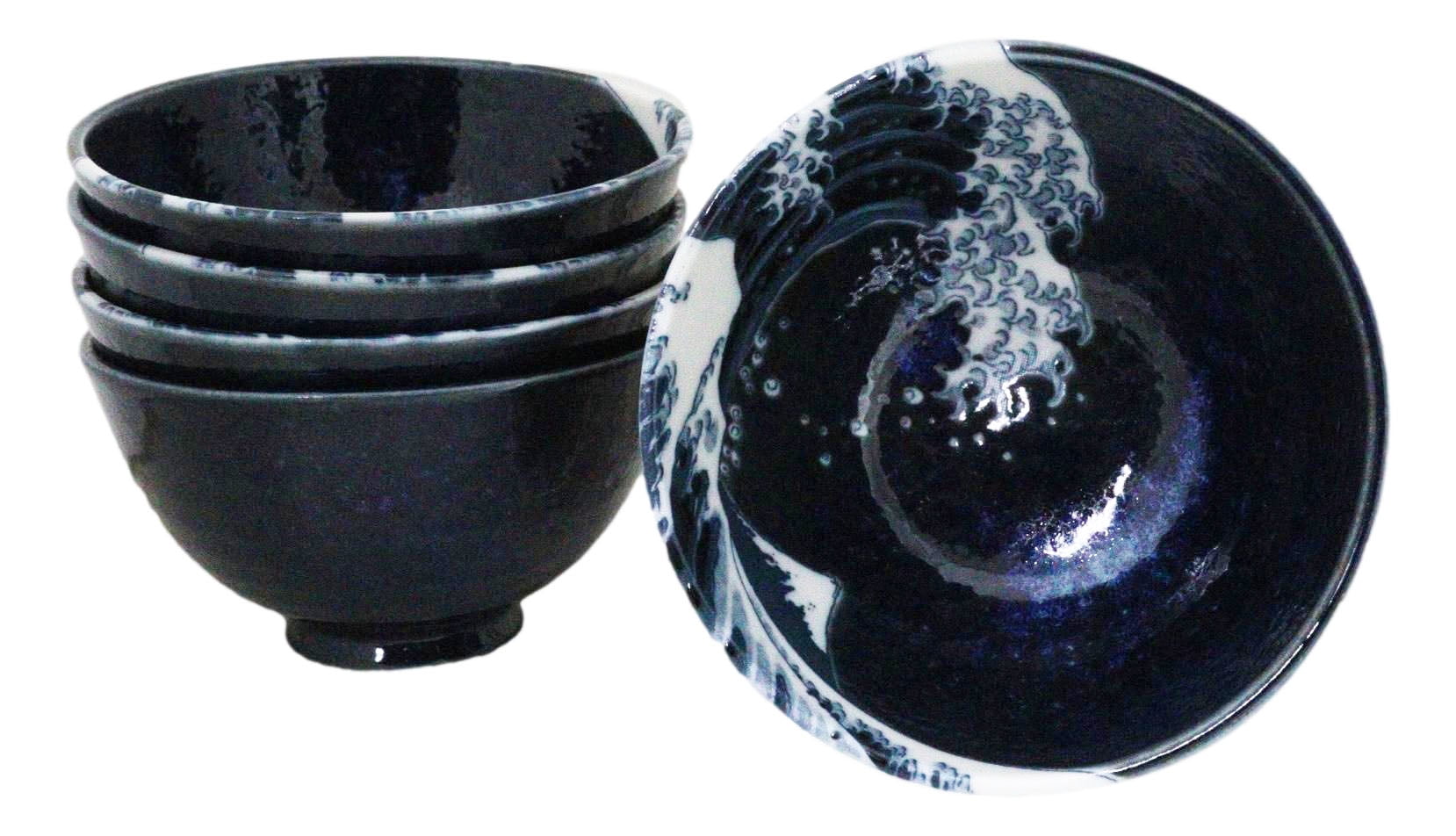 Set Of 4 Blue Japanese Hokusai Great Wave Porcelain Soup Rice Dessert ...