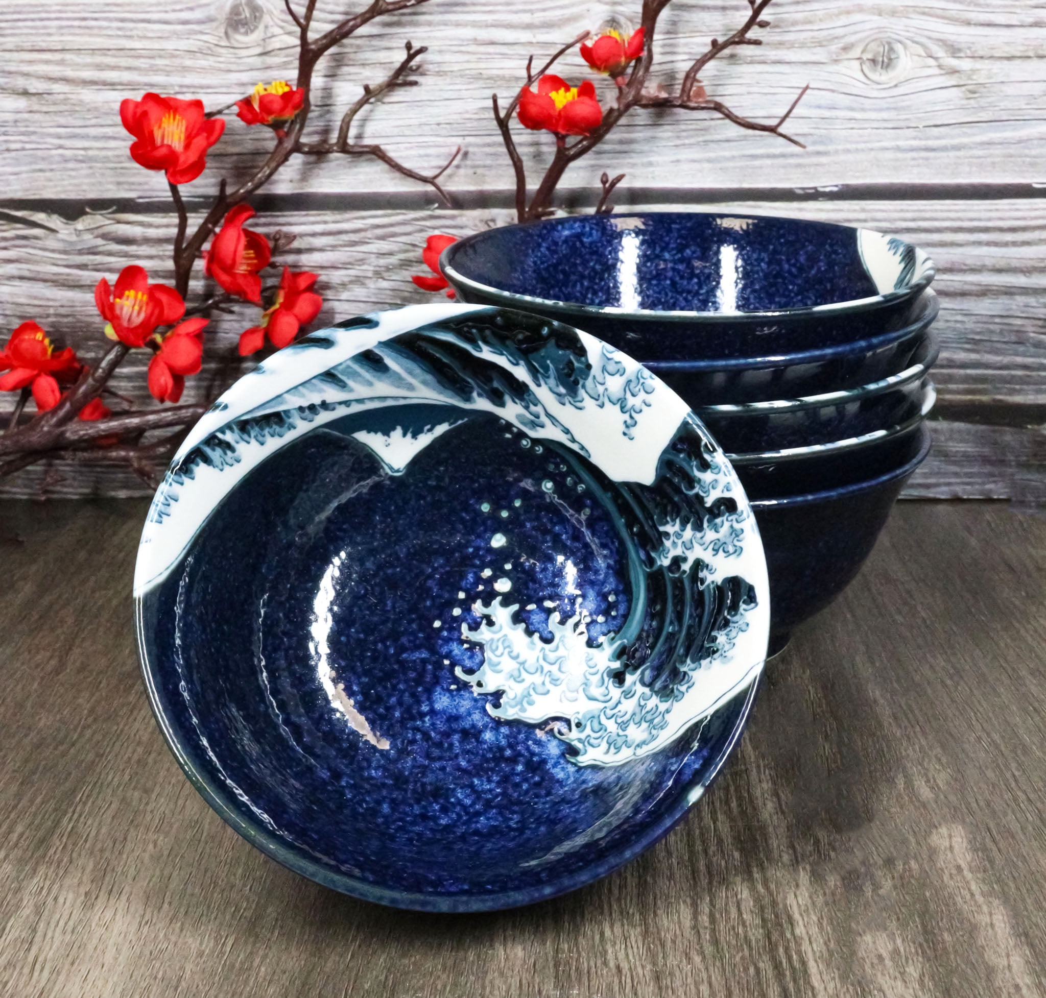 Set Of 6 Blue Japanese Hokusai Great Wave 6" Porcelain Soup Rice Tayo ...