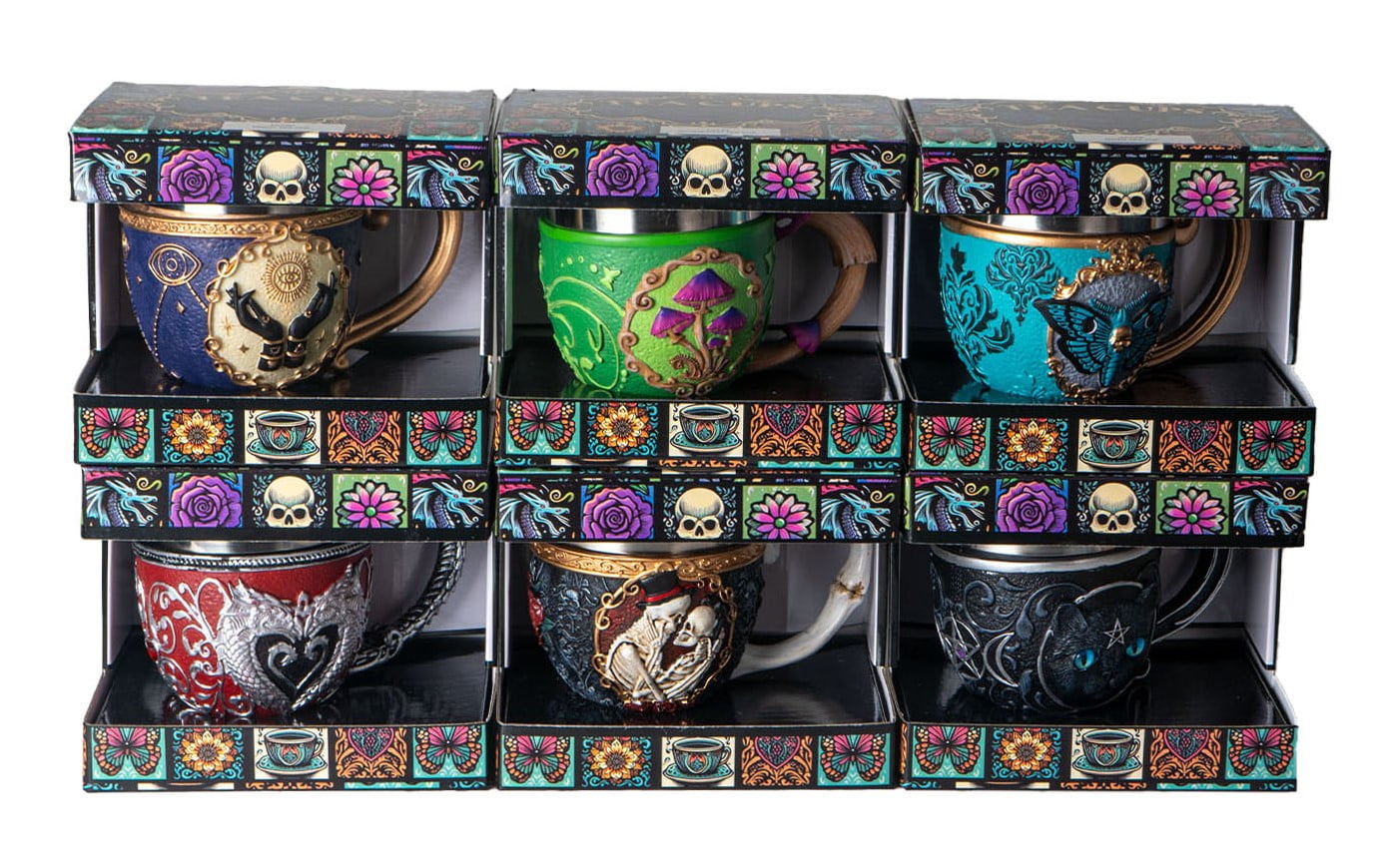 Set Of 6 Colorful Cameo Tarot Moth Skeletons Dragons Cat Magic Tea Cup ...