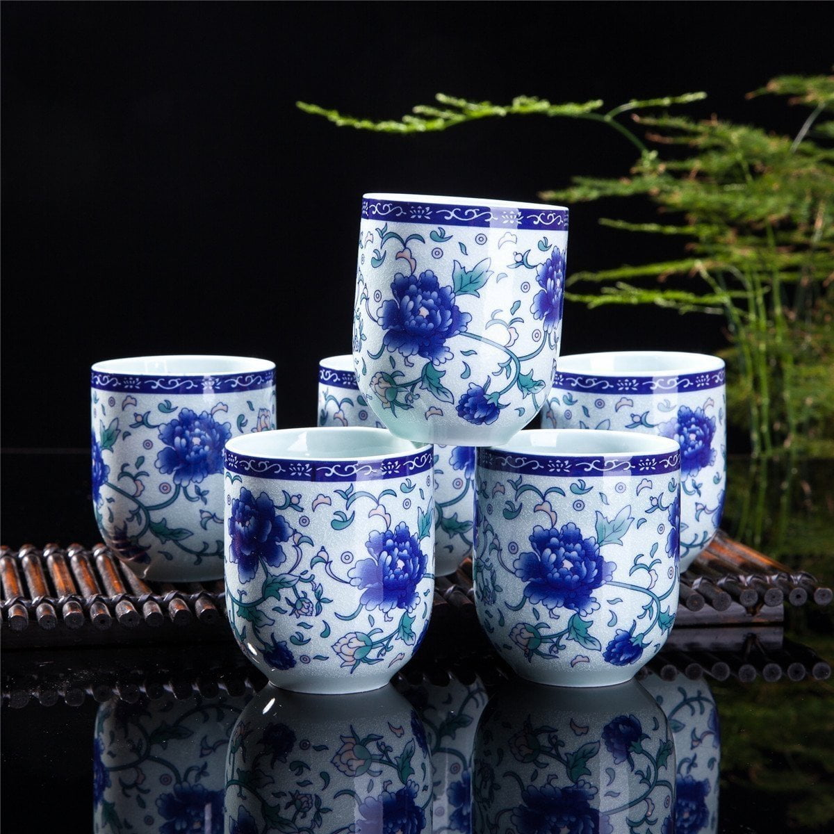 Set Of 6 Eastern Asian Design Ceramic Tea Cups In Blue-And-White Peony ...