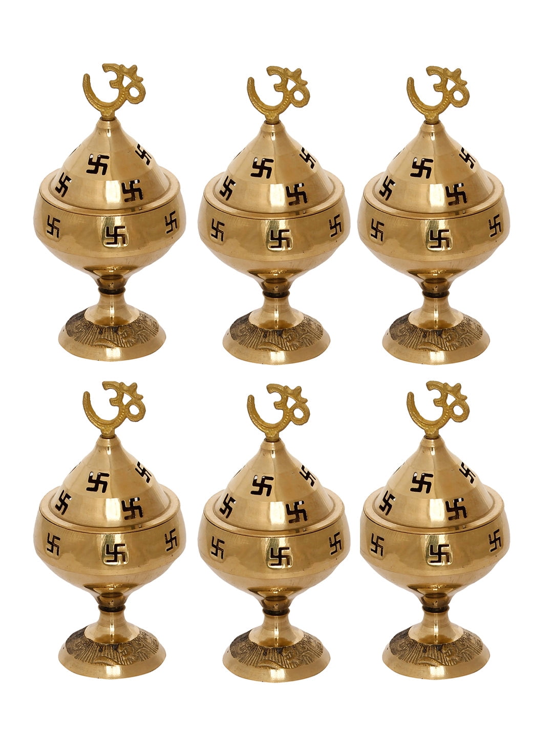 Set Of 6 Golden Om & Swastik Symbol Akhand Diyas | Brass Decorative ...
