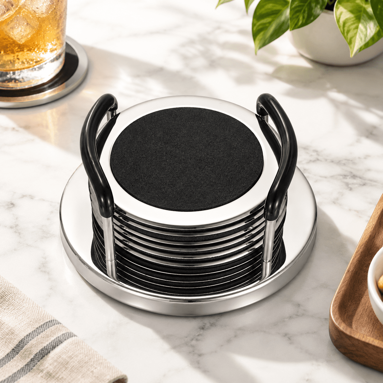 Set Of 6 Stainless Steel Metal Round Coaster With Holder For Drinks ...