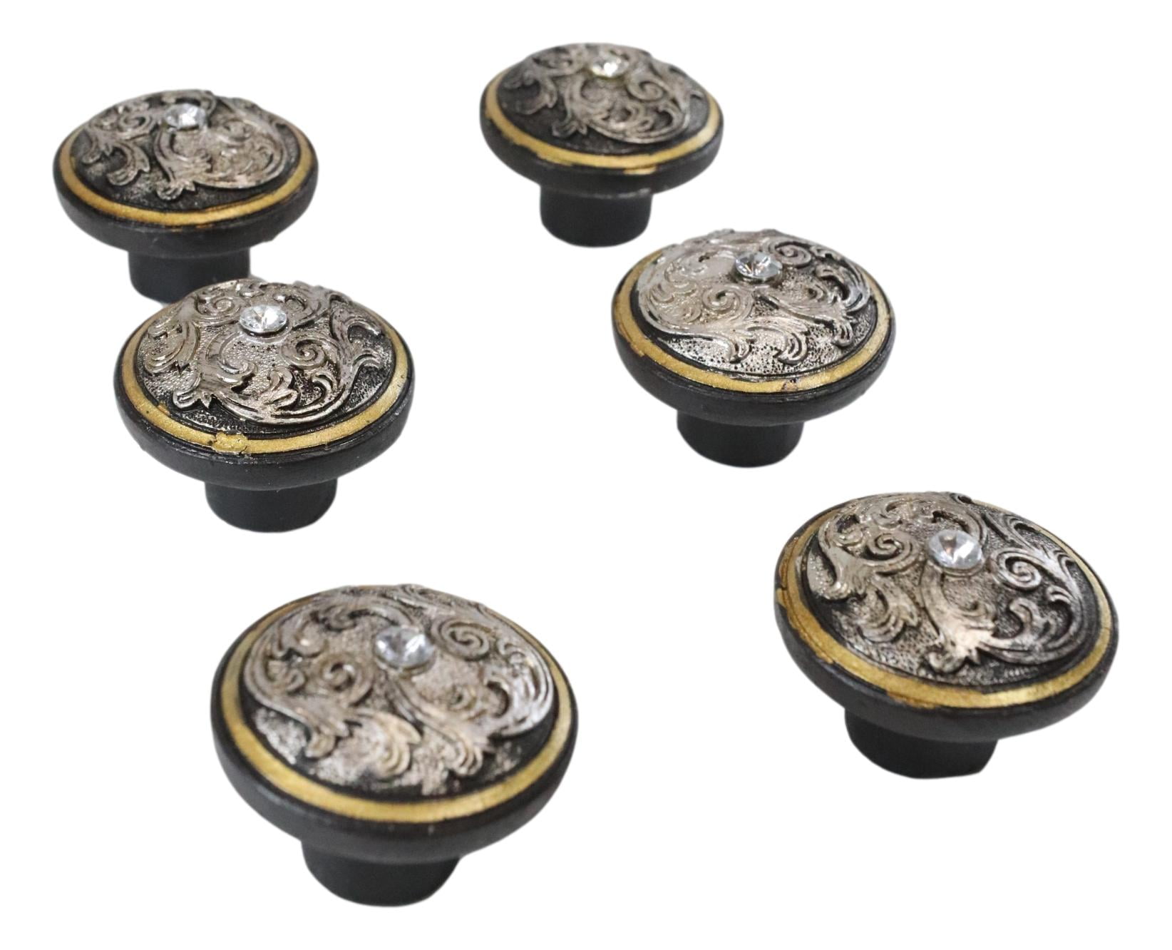 Set Of 6 Western Rustic Silver Floral Scroll With Gold Trim Cabinet ...