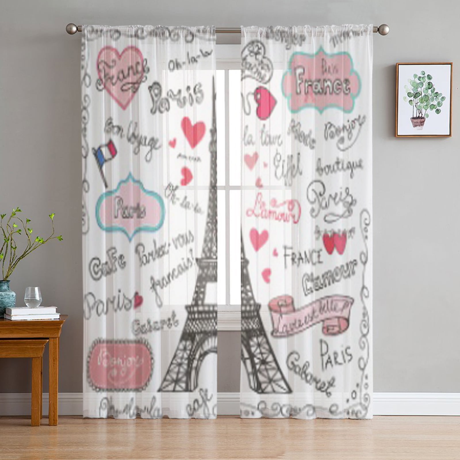 Set Of Paris Symbolslettering Luxurious Chiffon Sheer Curtains for ...