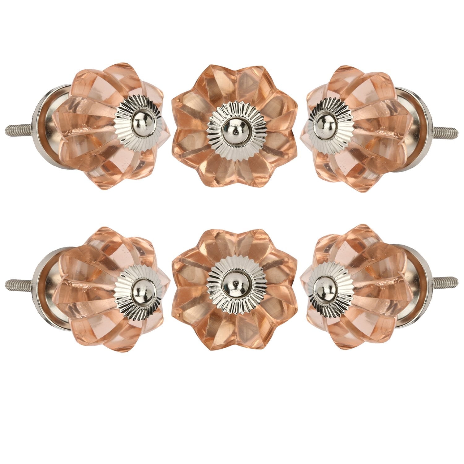 Set Of Six Peach Glass Knob Chrome Flower Cabinet Knobs by Perilla Home ...