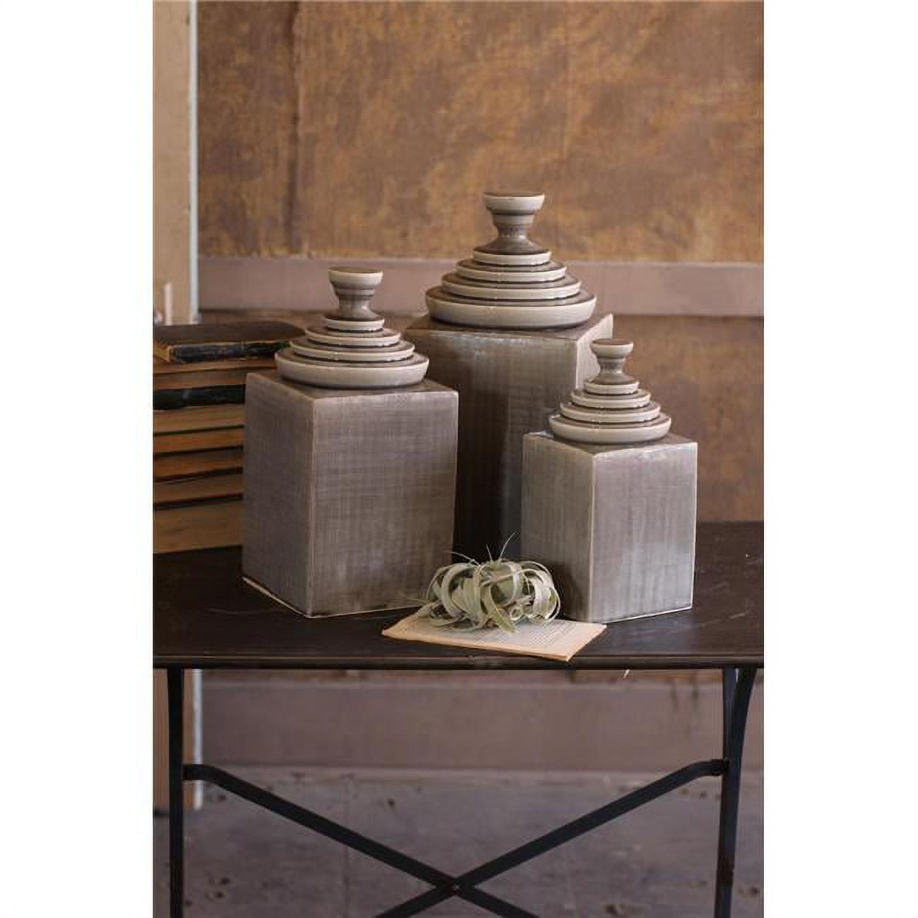 Set Of Three Grey Textured Ceramic Canisters W Pyramid Tops Grey ...