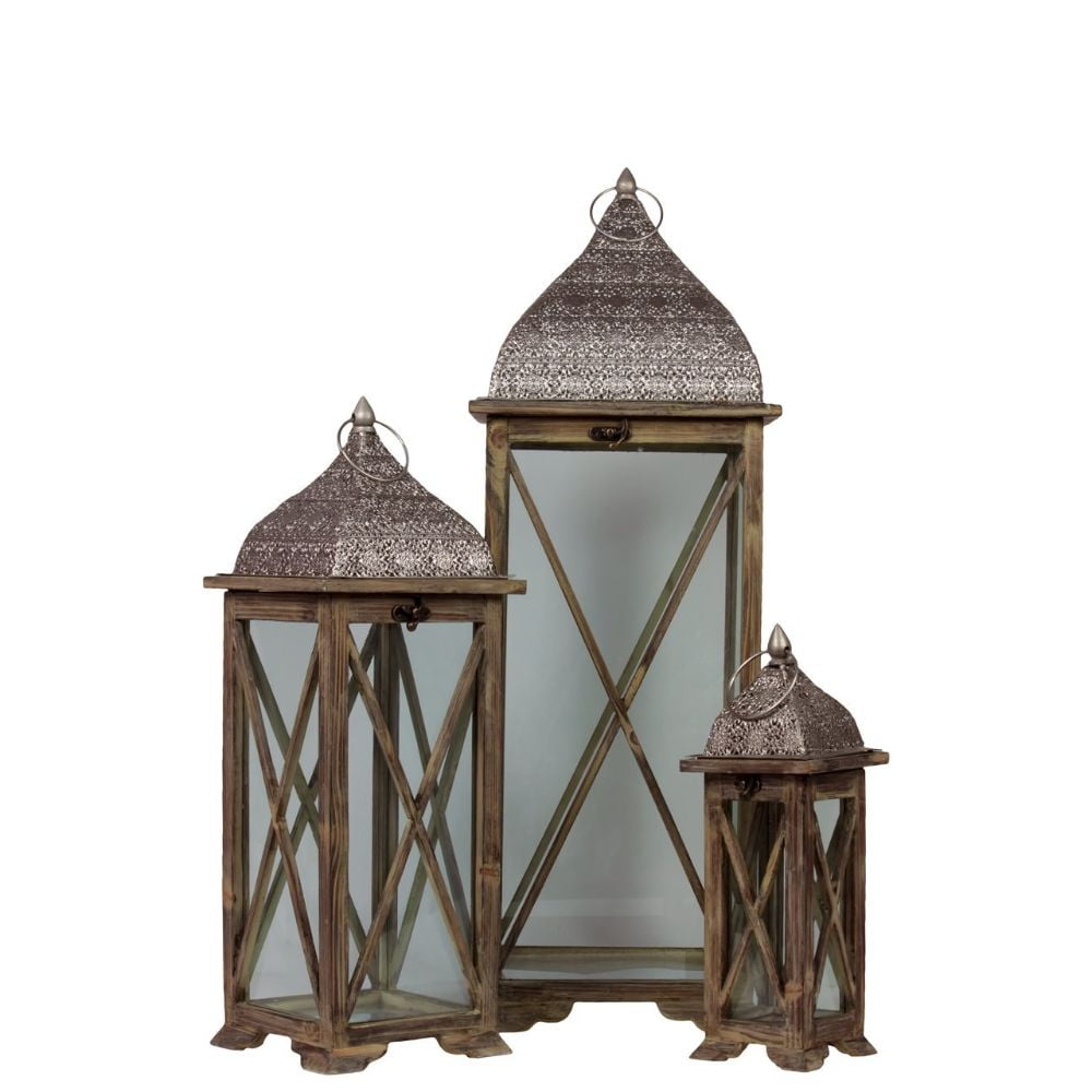 Set Of Three Wood Lantern With Pierced Metal Top Metal Hanger And Glass ...