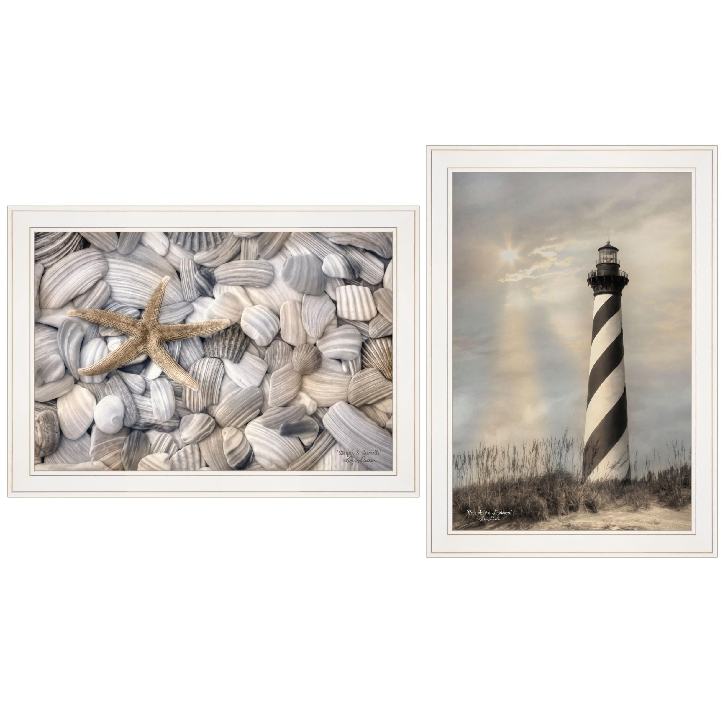 Set Of Two Cape Hatteras Lighthouse And Sea Shells 3 White Framed Print ...