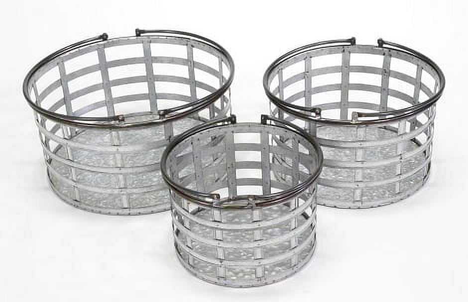 Set of Three Galvanized Metal Bins with Handles, L: 17.7" Dia, M: 14.8 ...