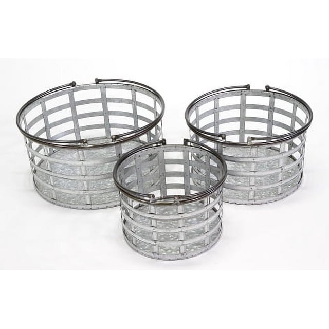Set of Three Galvanized Metal Bins with Handles, L: 17.7" Dia, M: 14.8 ...