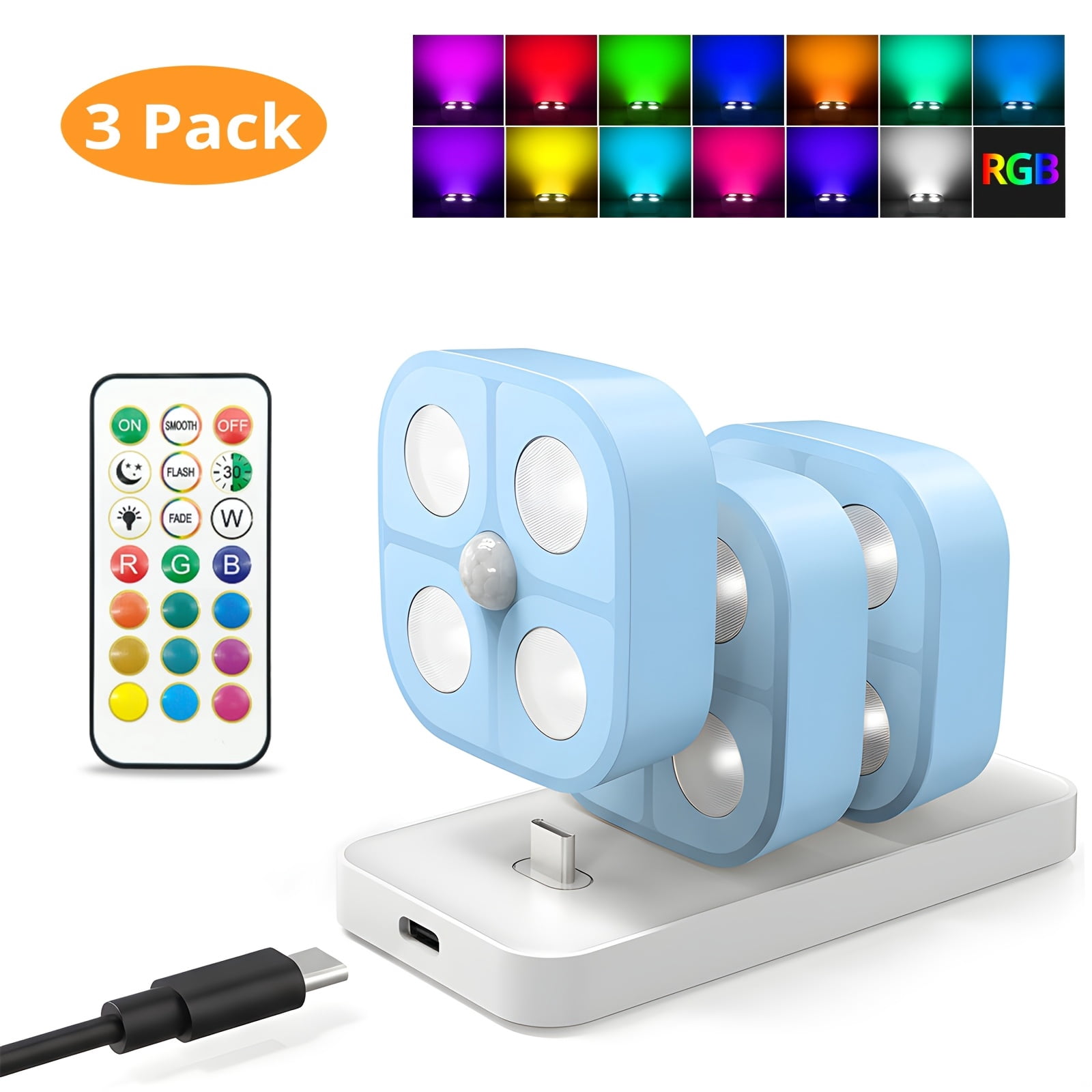 Set of Three Smart Rechargeable Under-Cabinet Puck Lights with Motion ...