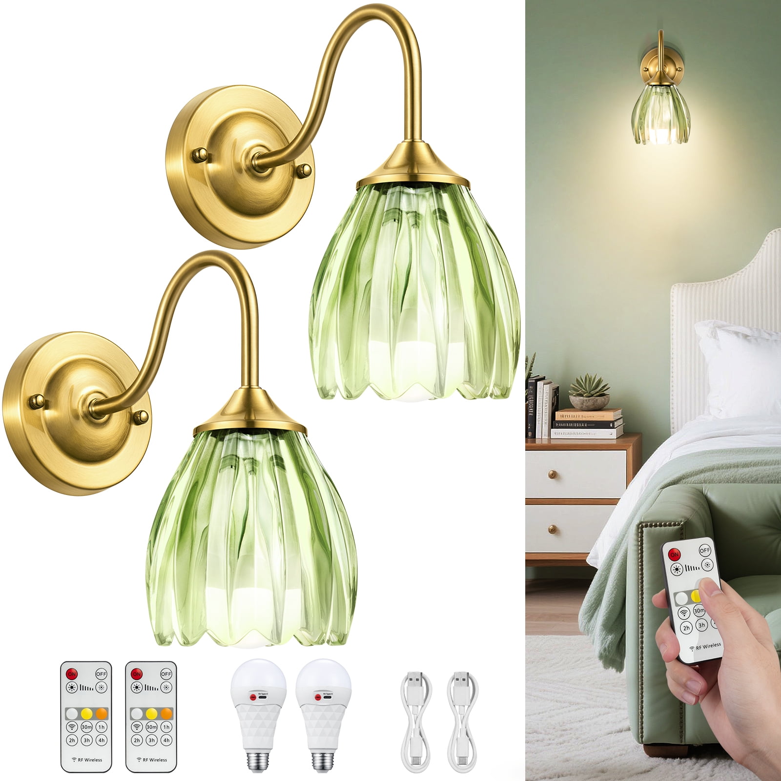 Set of Two Battery Operated Wall Sconce, Vintage Wall Sconce with Deep ...