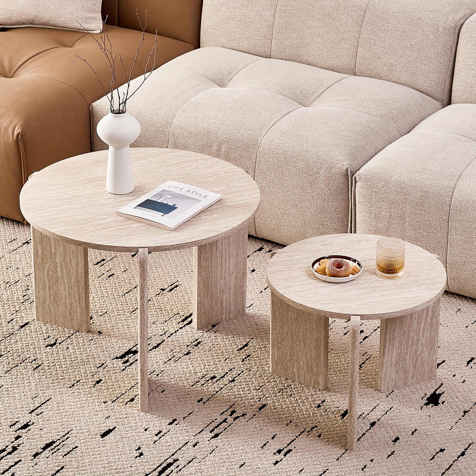 Set of Two Round Nesting Coffee Tables with Height Adjustment Feature ...
