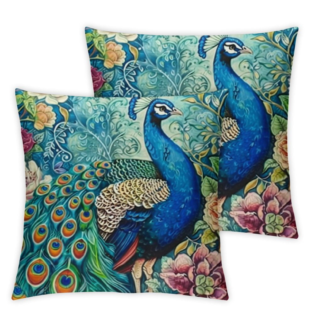 Set of Vintage Style Peacock Throw Pillow Cover with Flower &Green ...