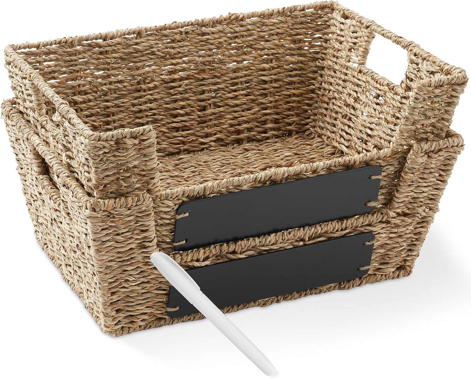 Set Water Hyacinth Pantry Baskets with Handles, Chalkboard Labels, and ...