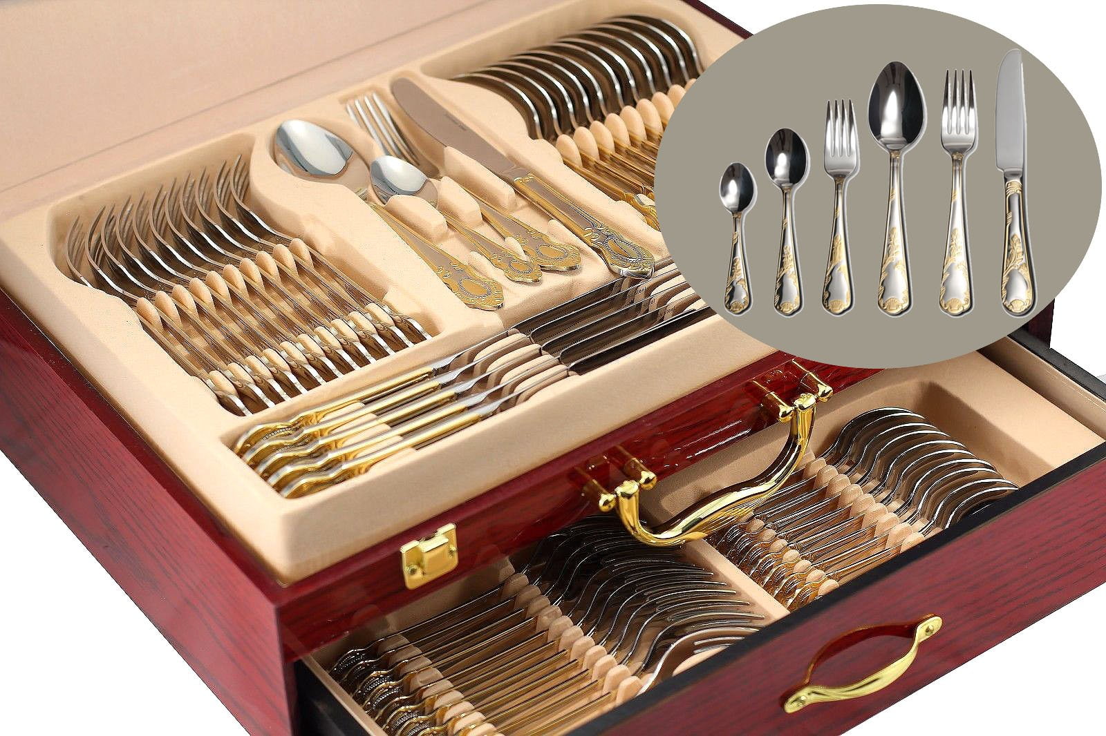Set for 12 Venezia Collection Gold Flatware Serving - 75-Pc Luxury ...