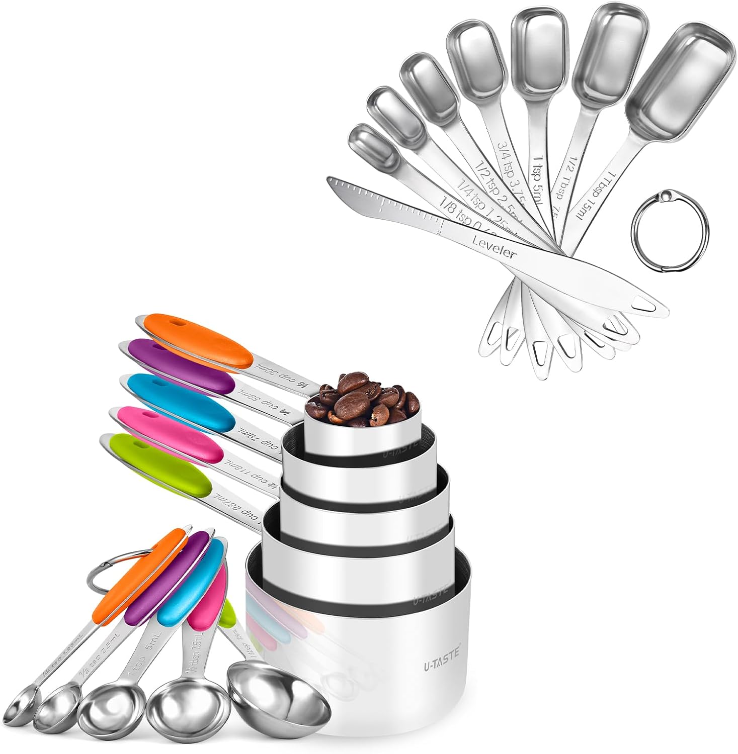 Set of 10 18/8 Stainless Steel Measuring Cups and Spoons, and Set of 8 ...