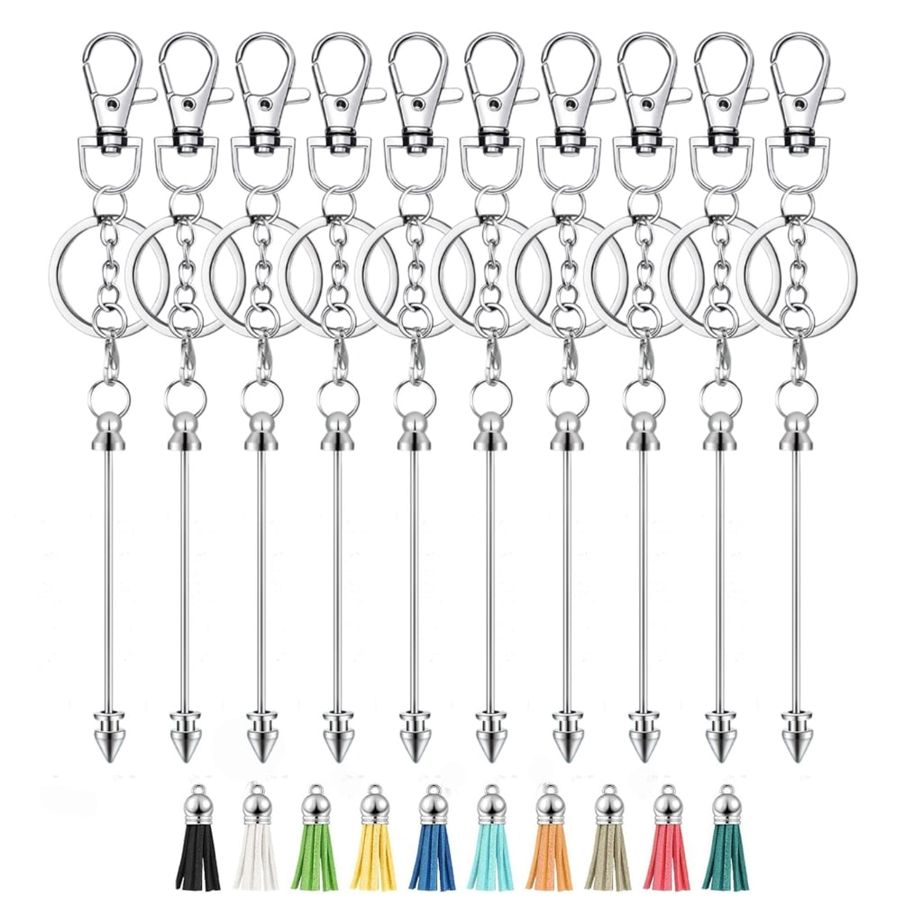 Set of 10 Fashionable Silver Blank Keychain Rods with Colorful Leather ...
