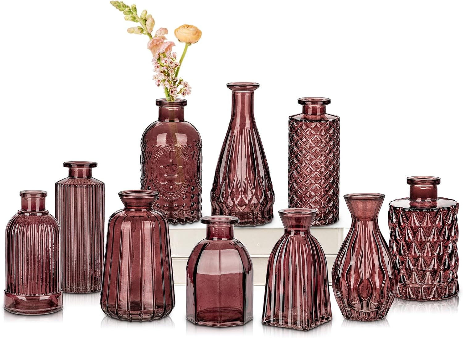 Set of 10 Glass Bud Vases, Wine Red Small Flower Vase in Bulk for ...