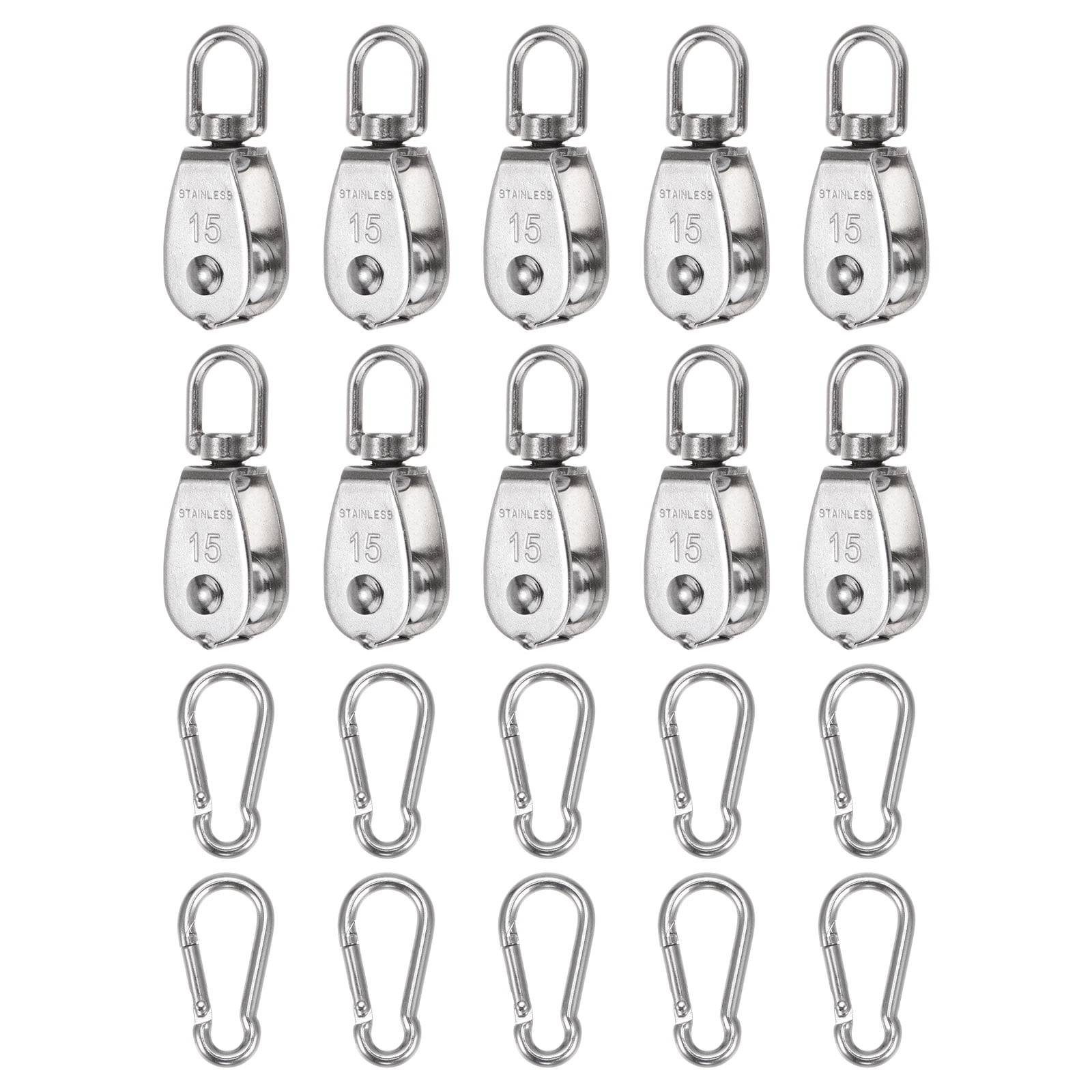 Set of 10 M15 Single Pulley Block with Spring Snap Hook, 304 Stainless ...