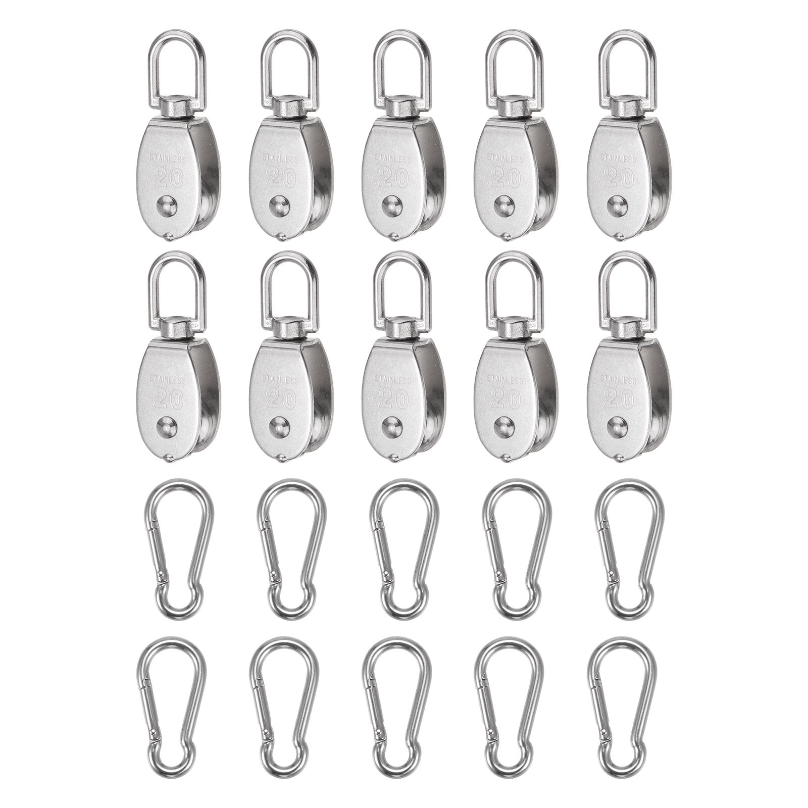 Set of 10 M20 Single Pulley Block with Spring Snap Hook, 304 Stainless ...