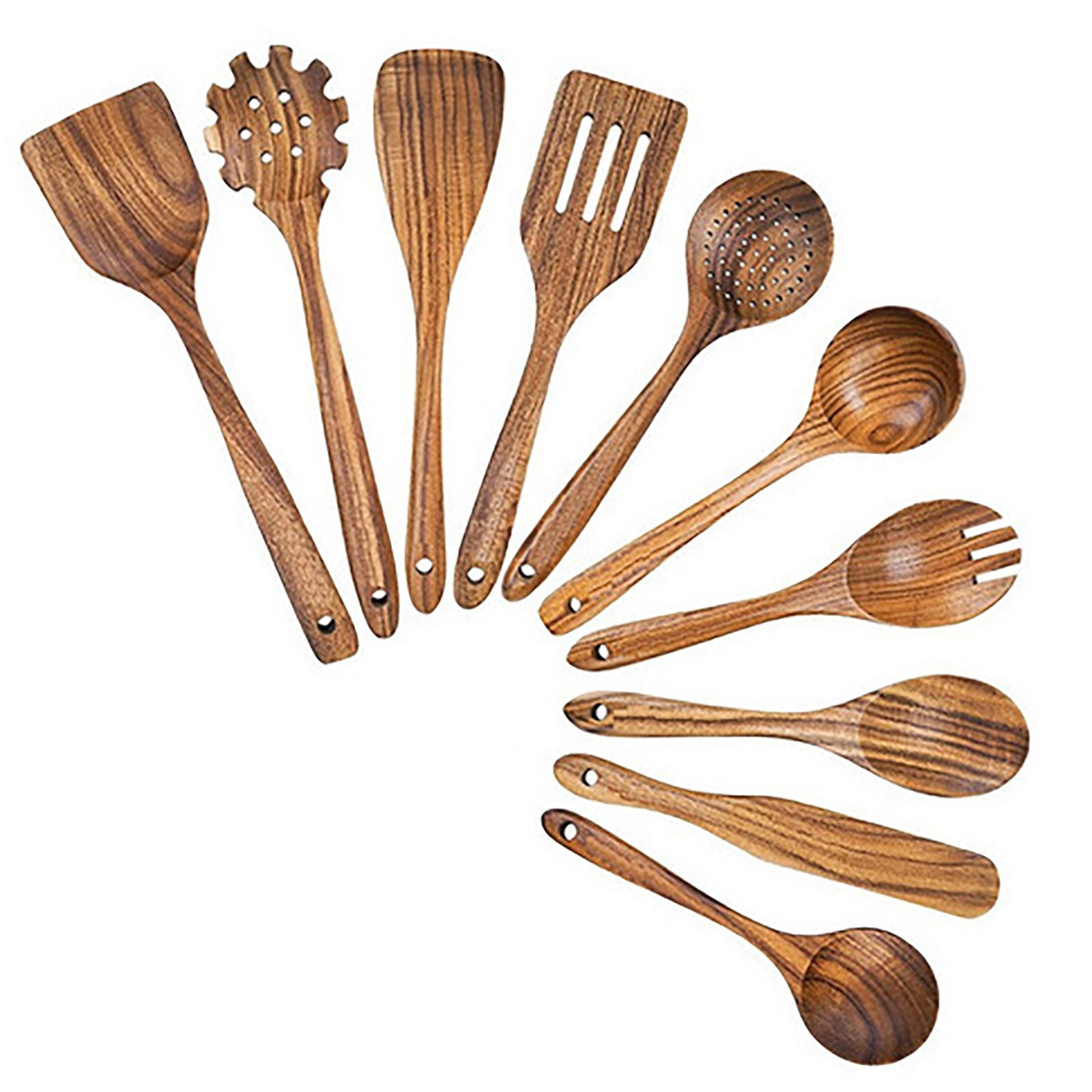 Set of 10 Teak Wood Cooking Utensils, Wooden Spoons and Tools for the ...