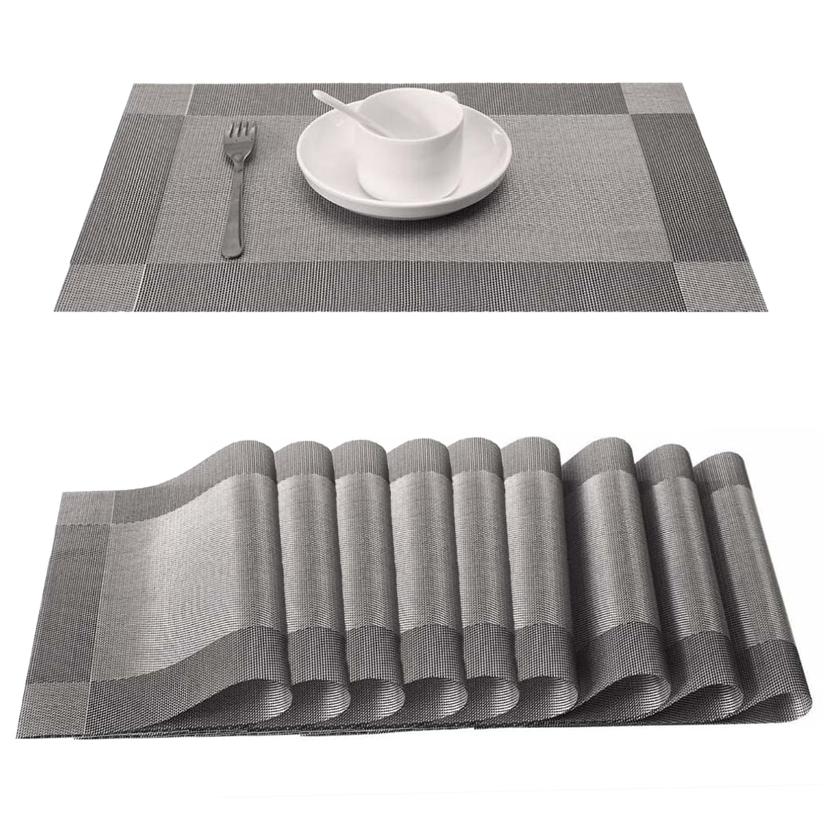 Set of 10 Washable Non-Slip PVC Woven Dining Table Mats Grey Table Set ...