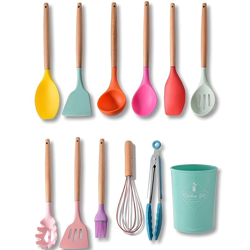 Set of 11 Silicone Cooking Tools with Wooden Handles, Non-Stick Pots ...