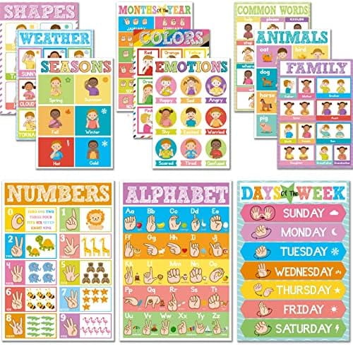 Set of 12 ASL Posters ABC Sign Language Flash Cards American Sign ...