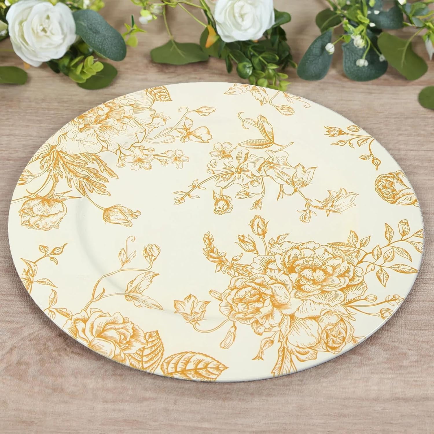 Set of 12 French Toile Charger Plates, 13" Gold Floral Acrylic Round ...