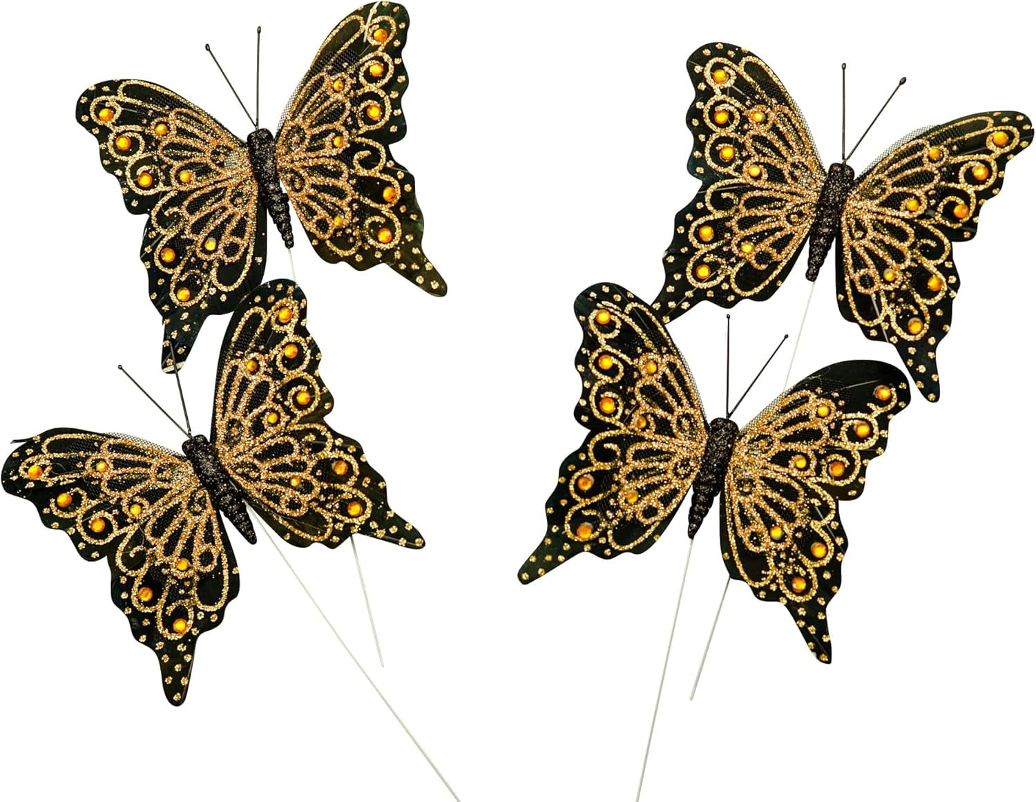 Set of 12 Glitter Monarch Feather Butterfly Floral Picks (Black/Gold ...