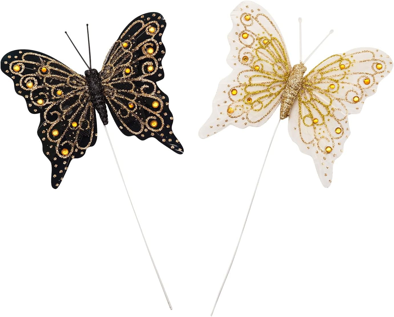 Set of 12 Glitter Monarch Feather Butterfly Floral Picks (Black White ...