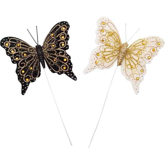 Set of 12 Glitter Monarch Feather Butterfly Floral Picks (Black White ...