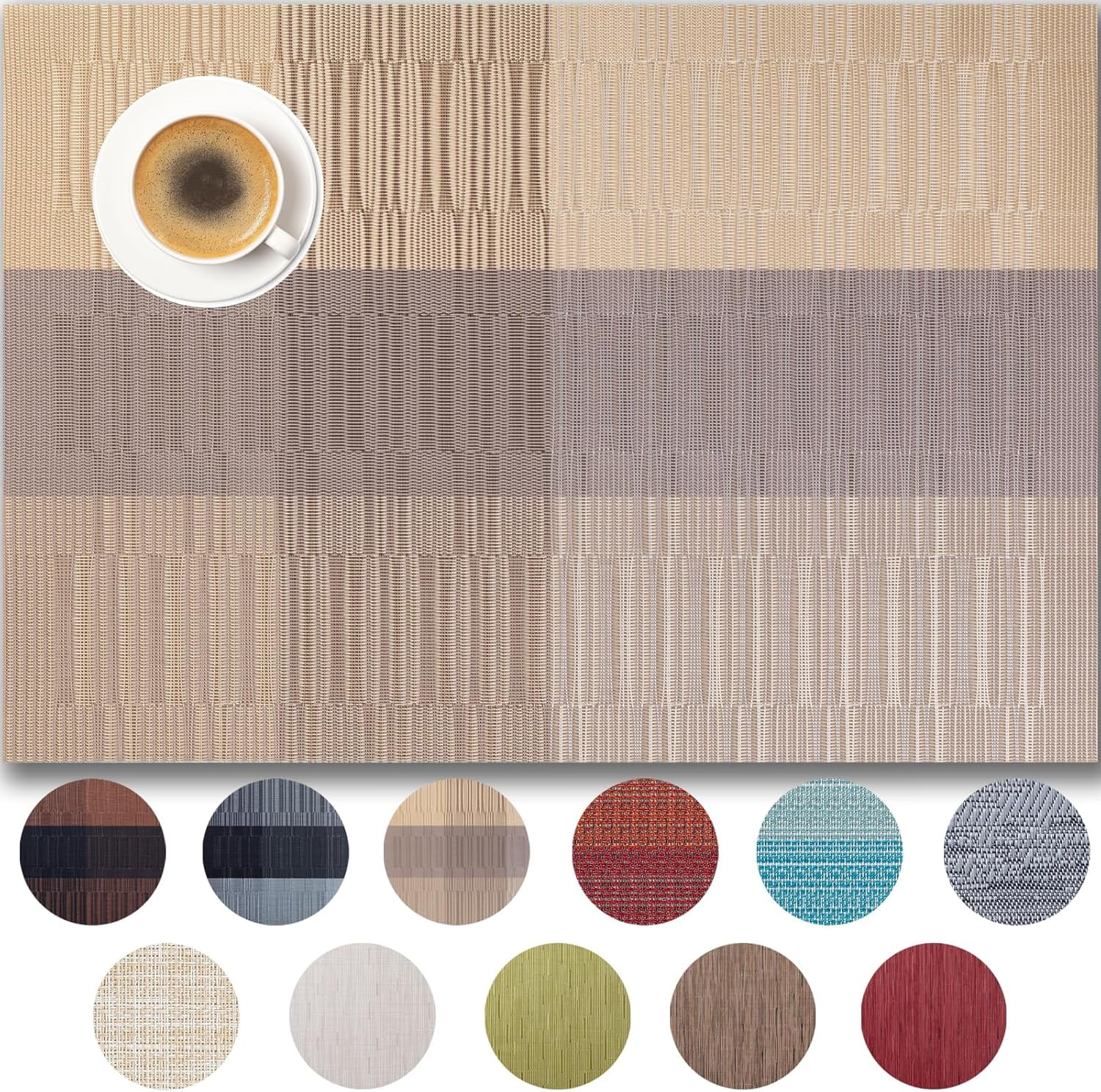 Set of 12 Placemats - Easy Clean Woven Vinyl for Dining Table, Indoor ...