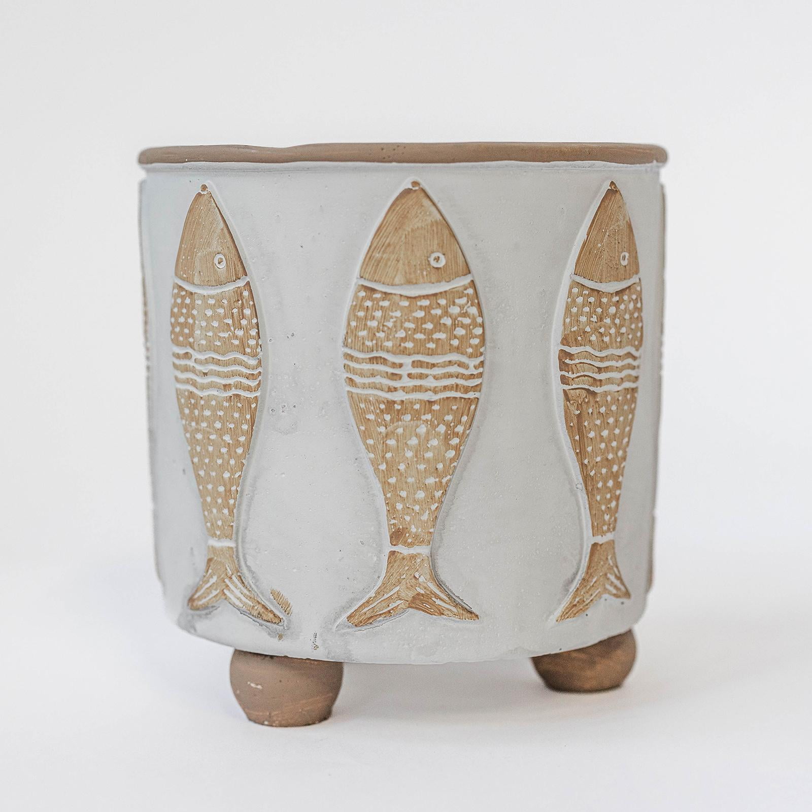 Set of 12 Washed White With Raised Pattern Beige Fish Planter - Walmart.com