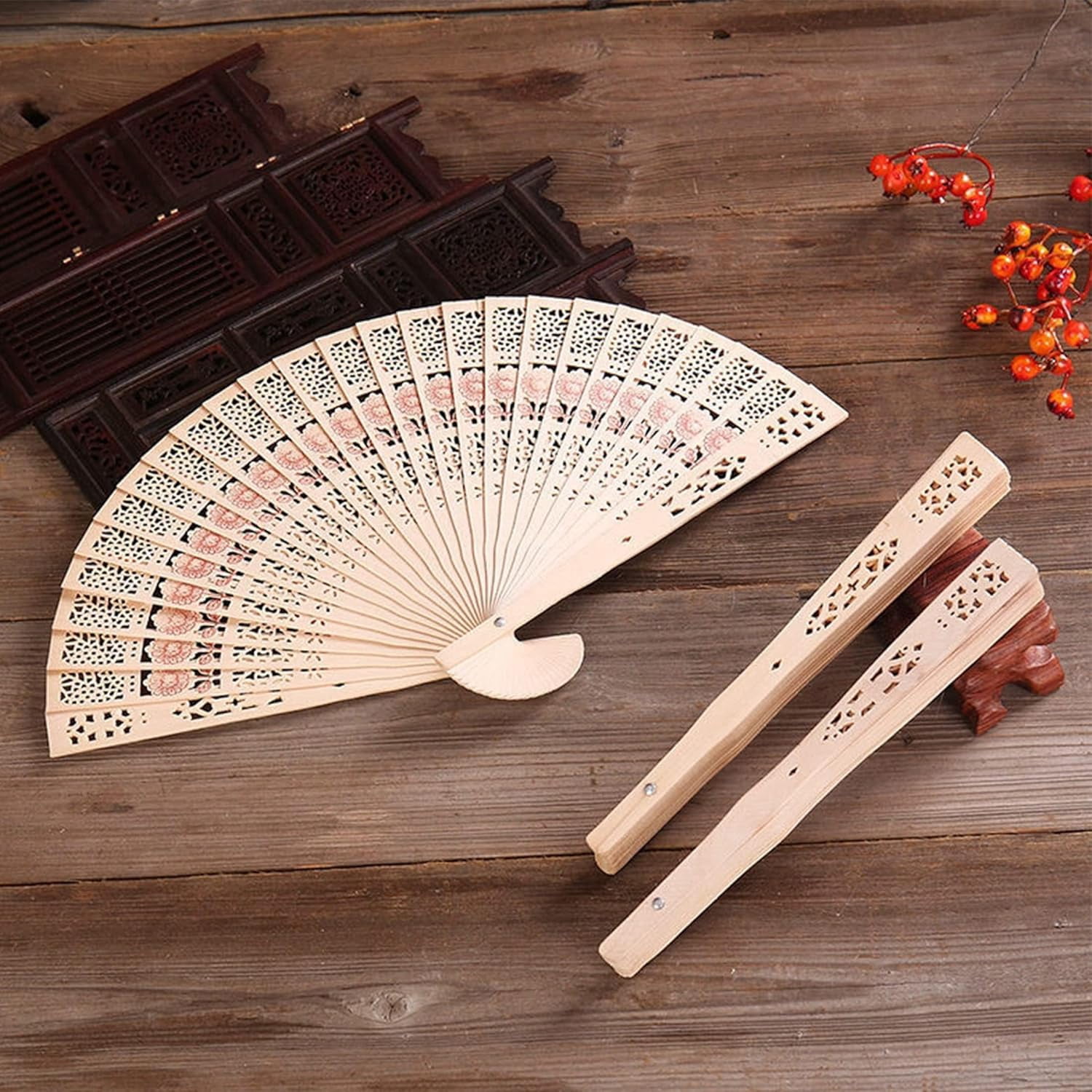 Set of 12 Wood Hand Held Folding Fans w/Gift Bags for Party Favors ...
