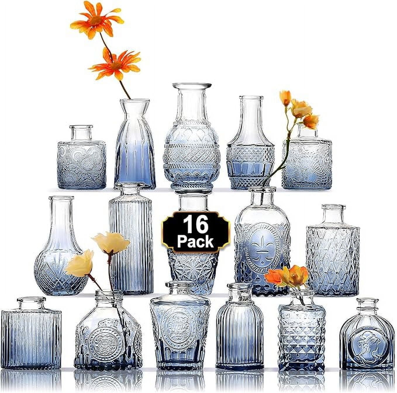 Set of 16 Blue and Clear Glass Bud Vases, Small Mini Flower Vases for ...