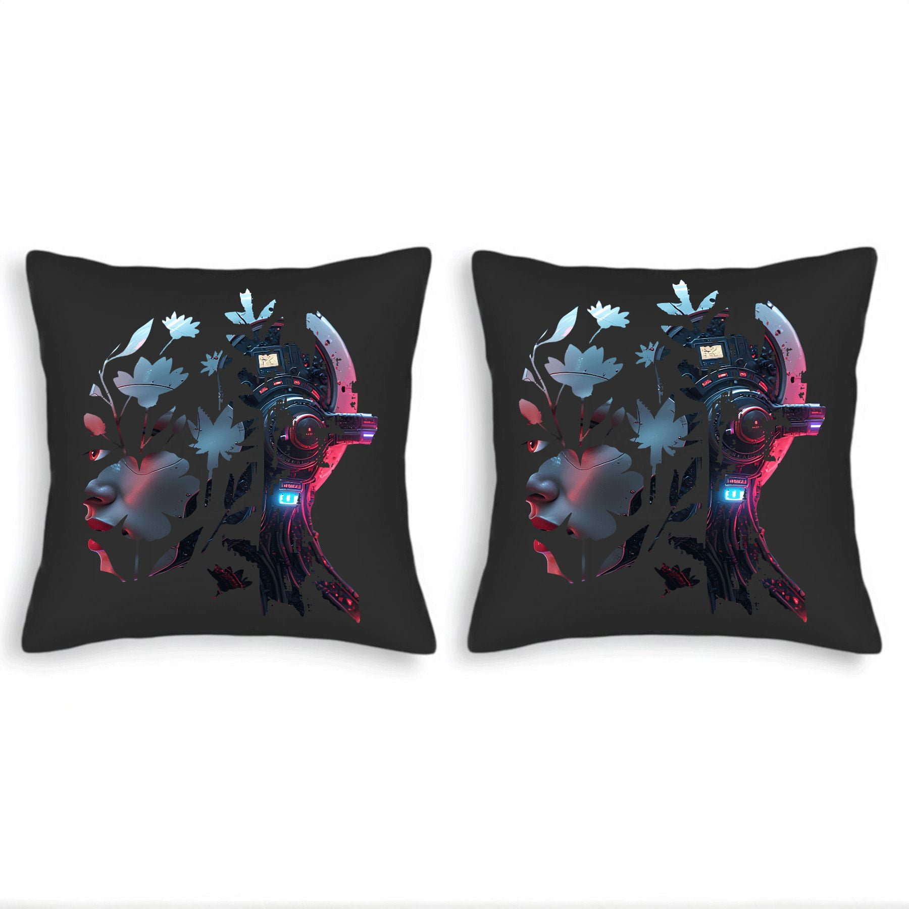 Set of 2 18x18in Throw Pillow Covers - Floral Face Design Dark Background Neon Accents Perfect ...