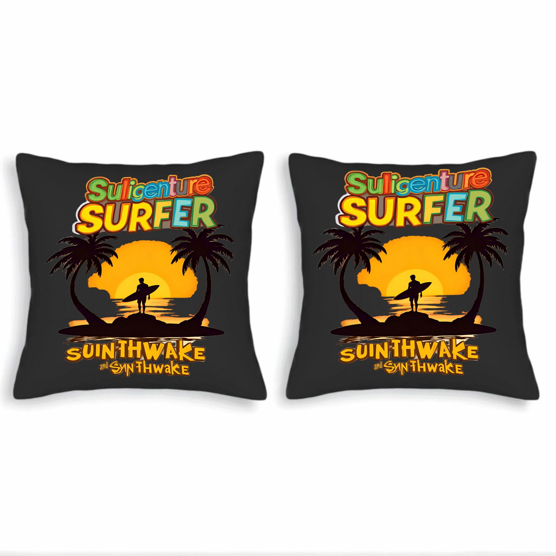 Set of 2 18x18in Throw Pillow Covers - Tropical Beach Scene with Surfer ...