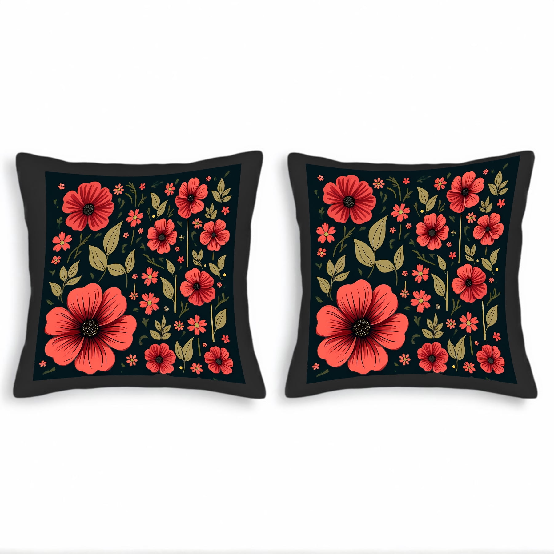 Set of 2 18x18in Throw Pillow Covers - Vibrant Red Floral Design on ...