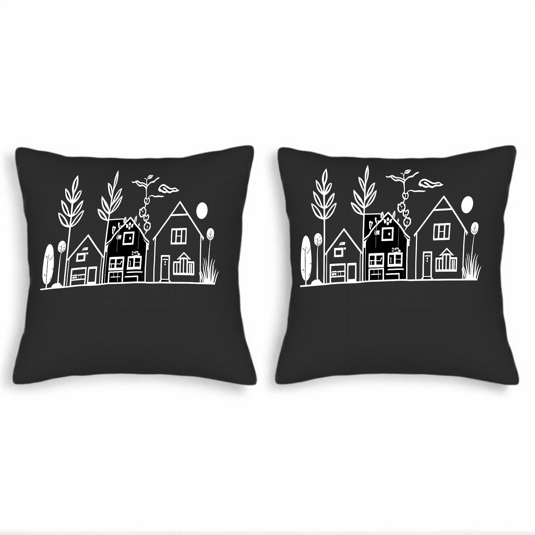Set of 2 18x18in Throw Pillow Covers - Whimsical Village Scene Design ...