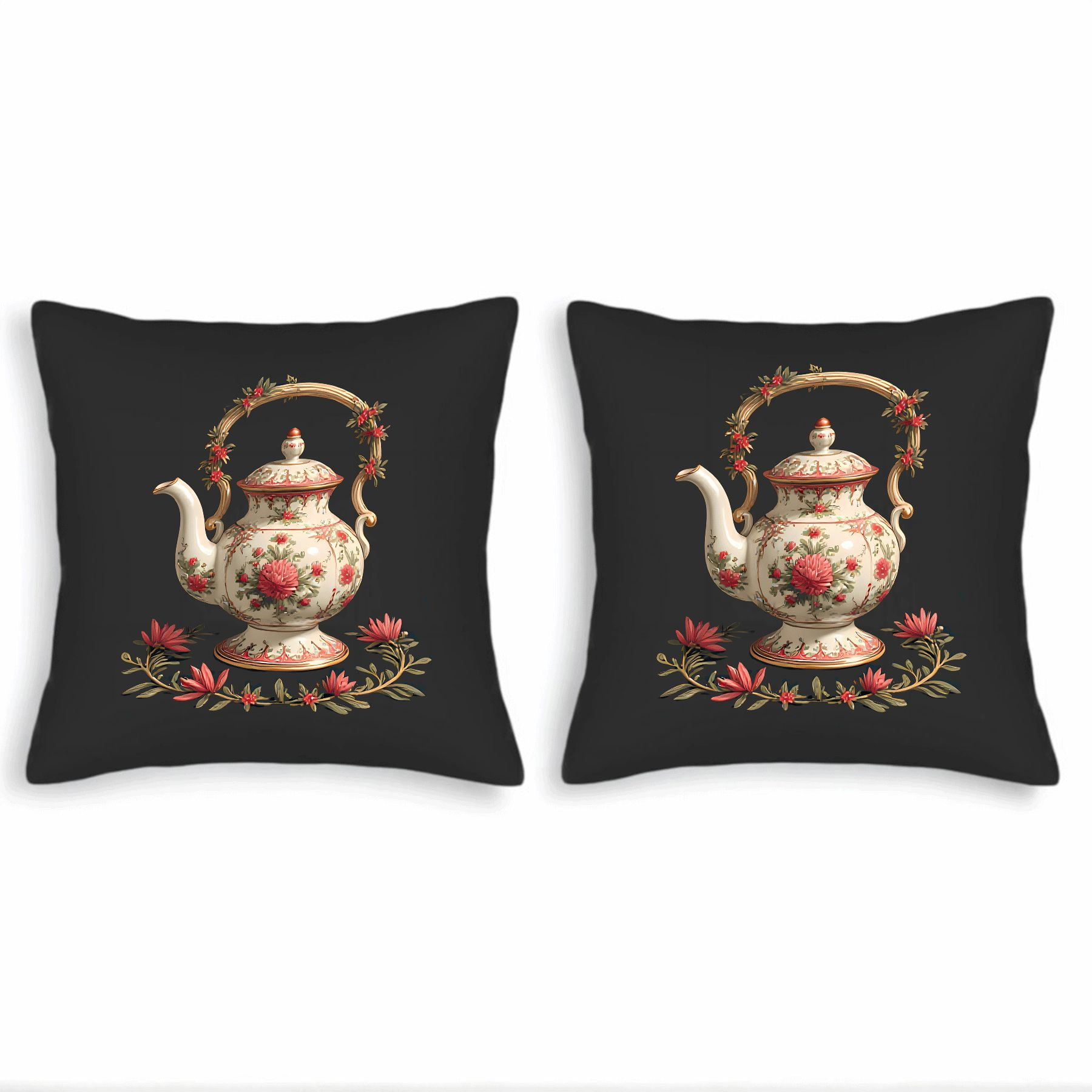 Set of 2 18x18in Throw Pillow Covers with Elegant Red and Gold Floral ...