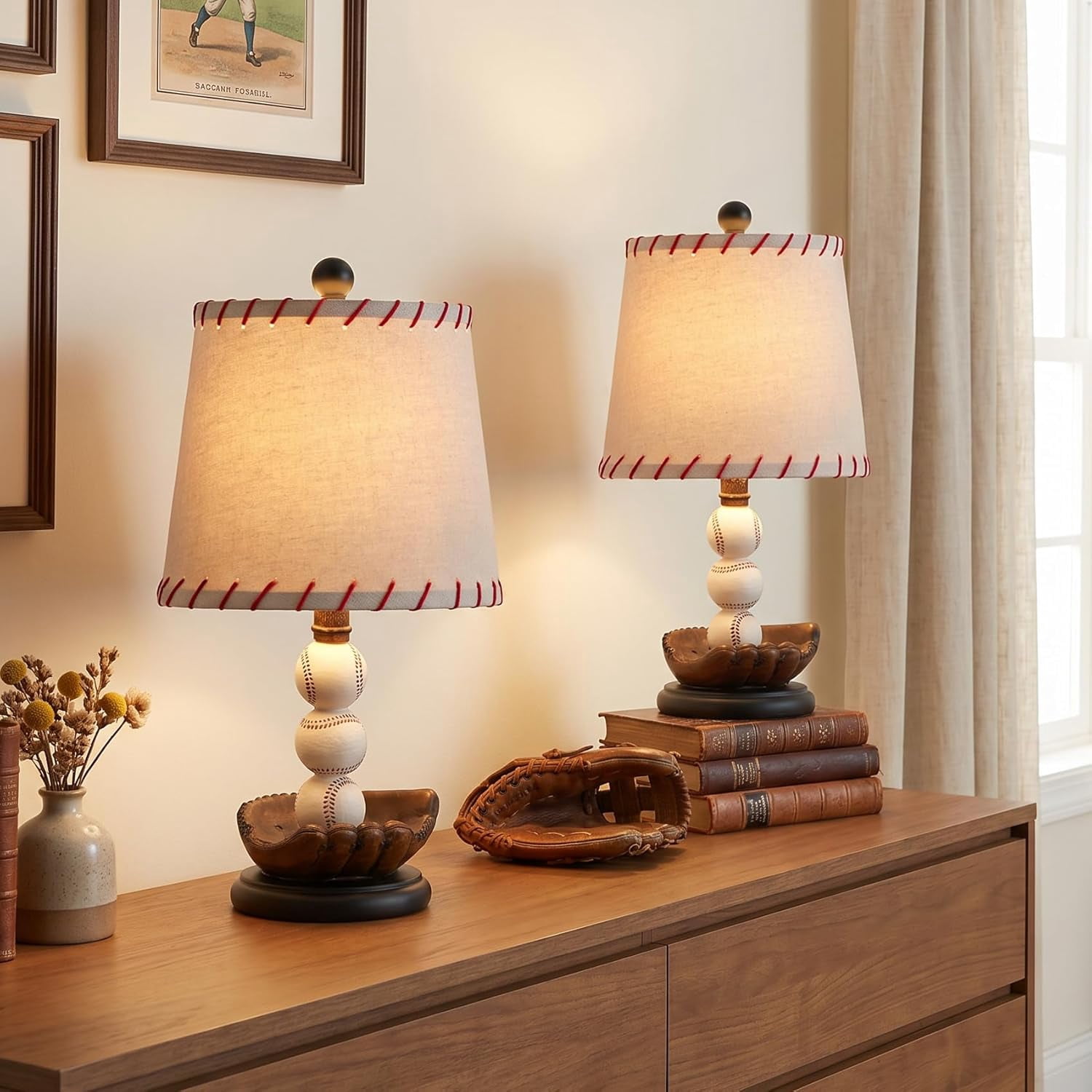 Set of 2 19.75" H Resin Baseball Table Lamps with Tan Fabric Shade ...